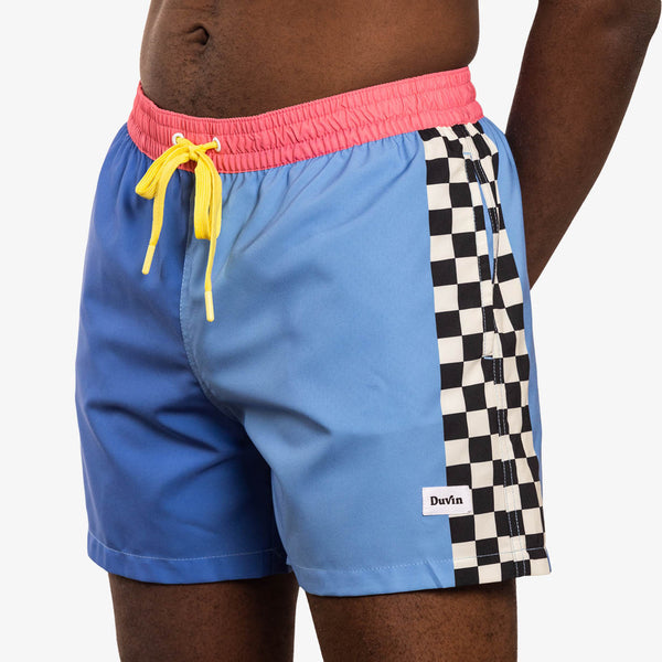 Duvin Beachside Checker Swim Short - Mens Blue and Checker Split ...